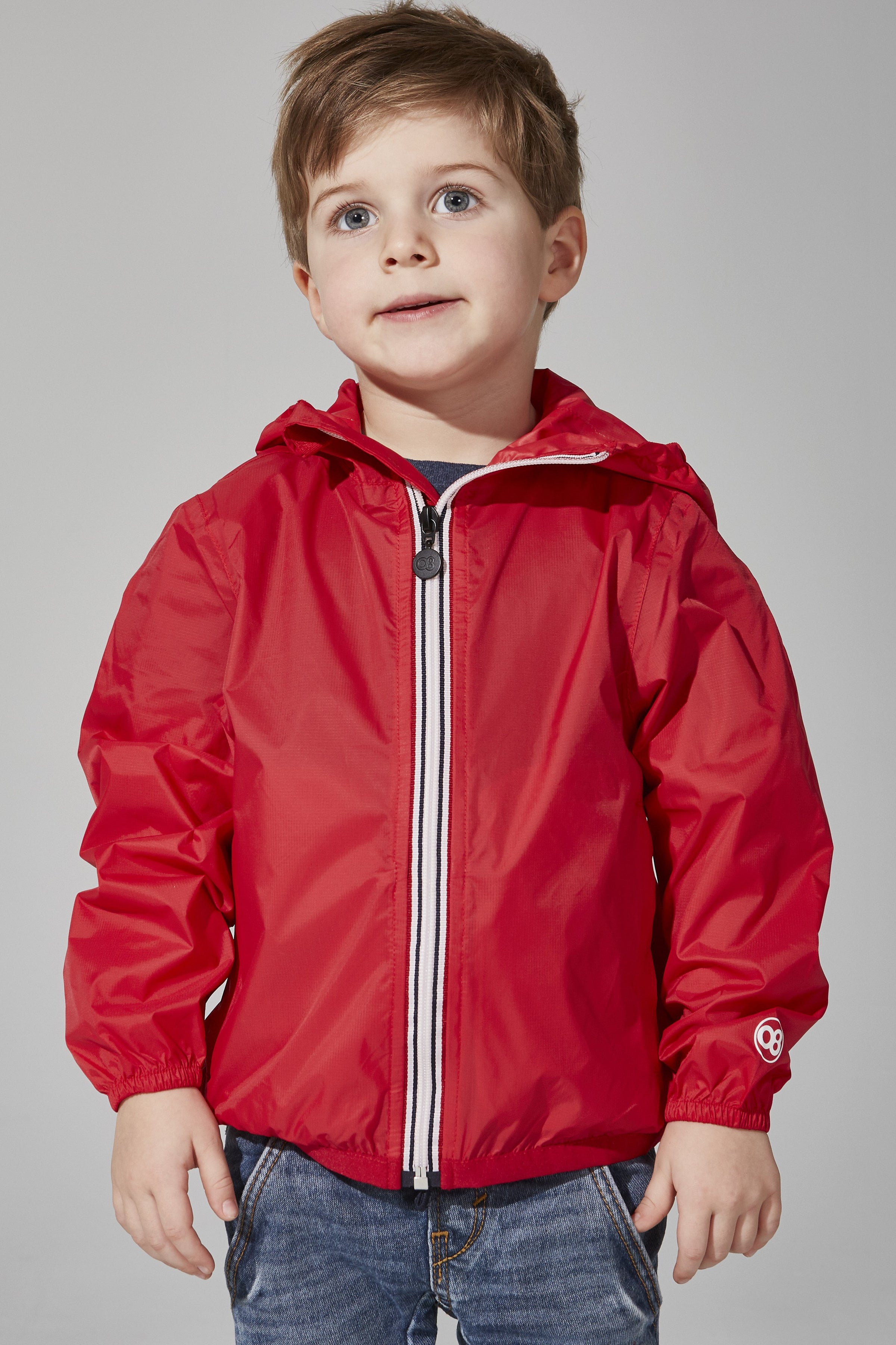 Kids packable rain jacket and windbreaker in red
