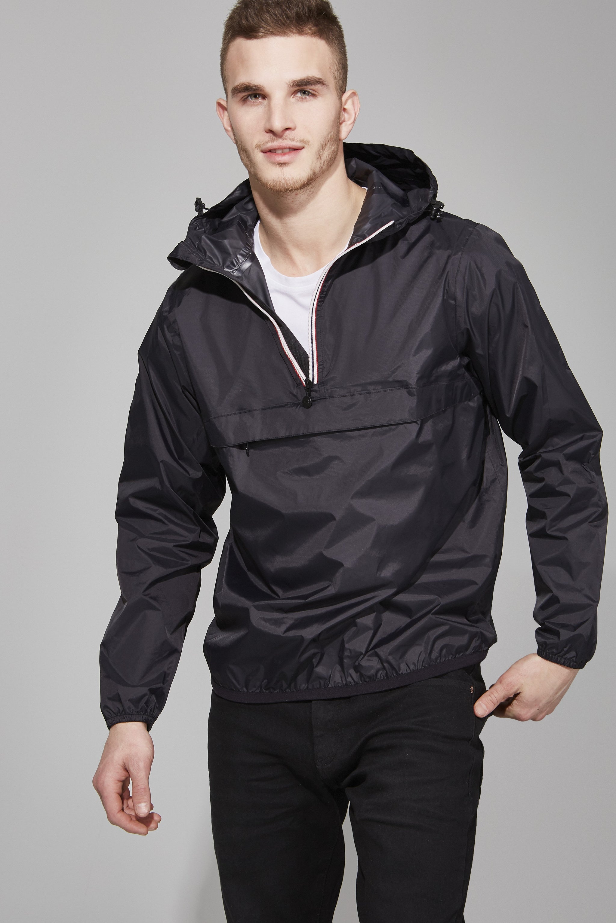 Men's quarter-zip packable rain jacket and windbreaker in black